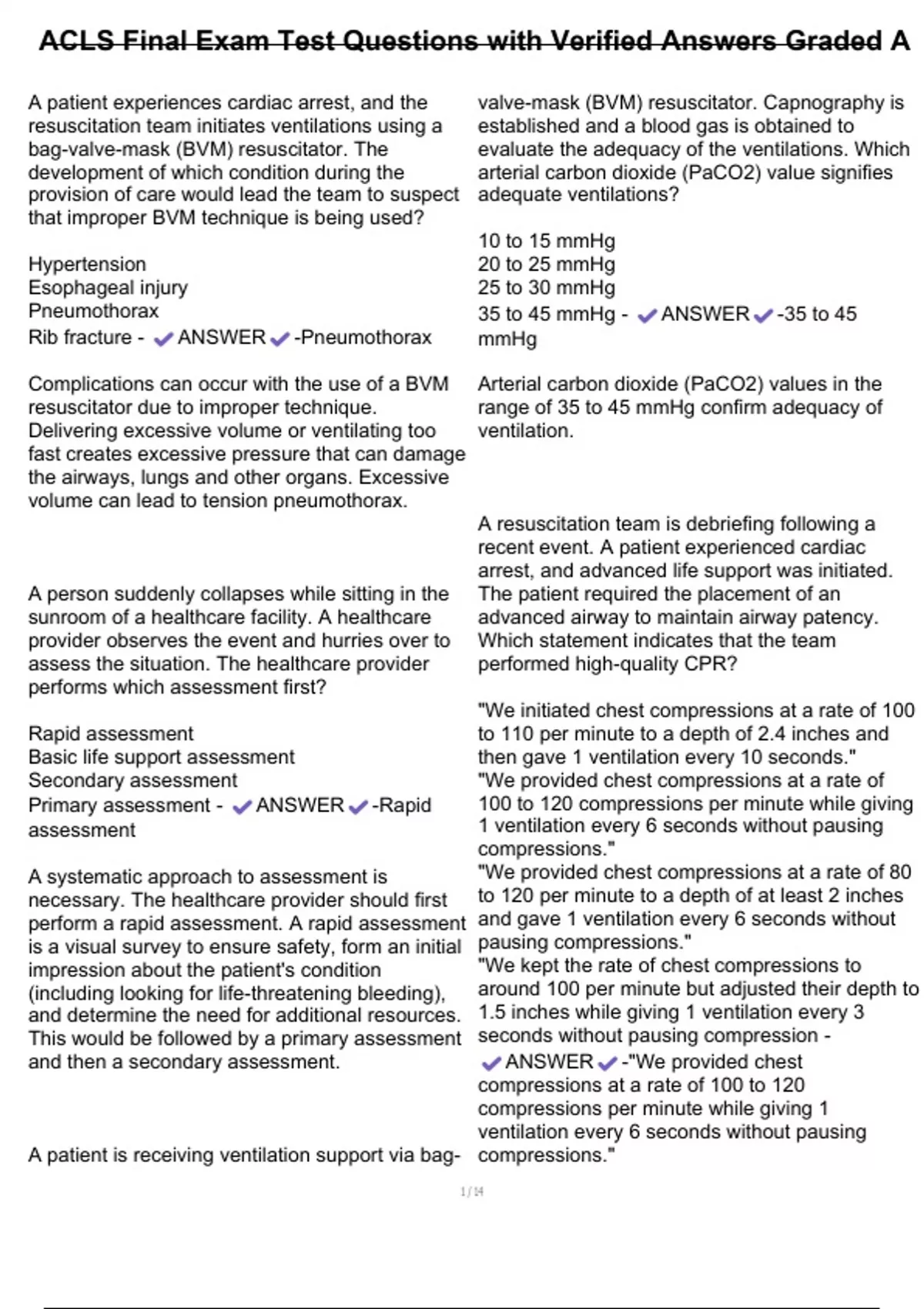 ACLS Final Exam Test Questions with Verified Answers Graded A - ACLS ...