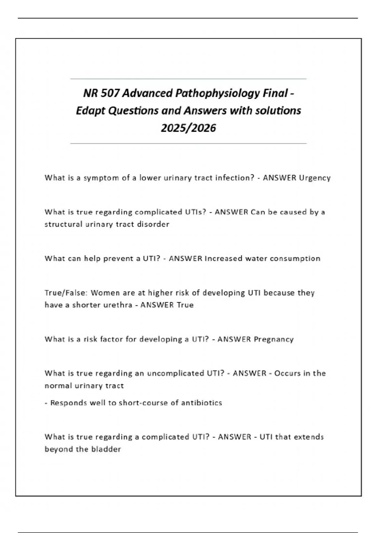 NR 507 Advanced Pathophysiology Final - Edapt Questions and Answers with solutions 2025/2026 ...