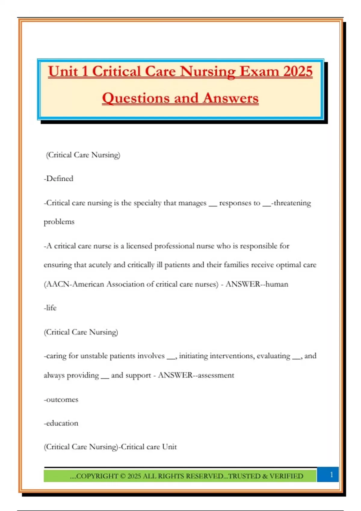 Unit 1 Critical Care Nursing Exam 2025 Questions and AnswersUnit 1 ...