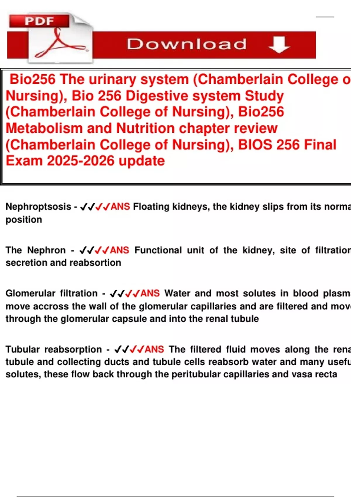 Bio256 The urinary system (Chamberlain College of Nursing), Bio 256 ...