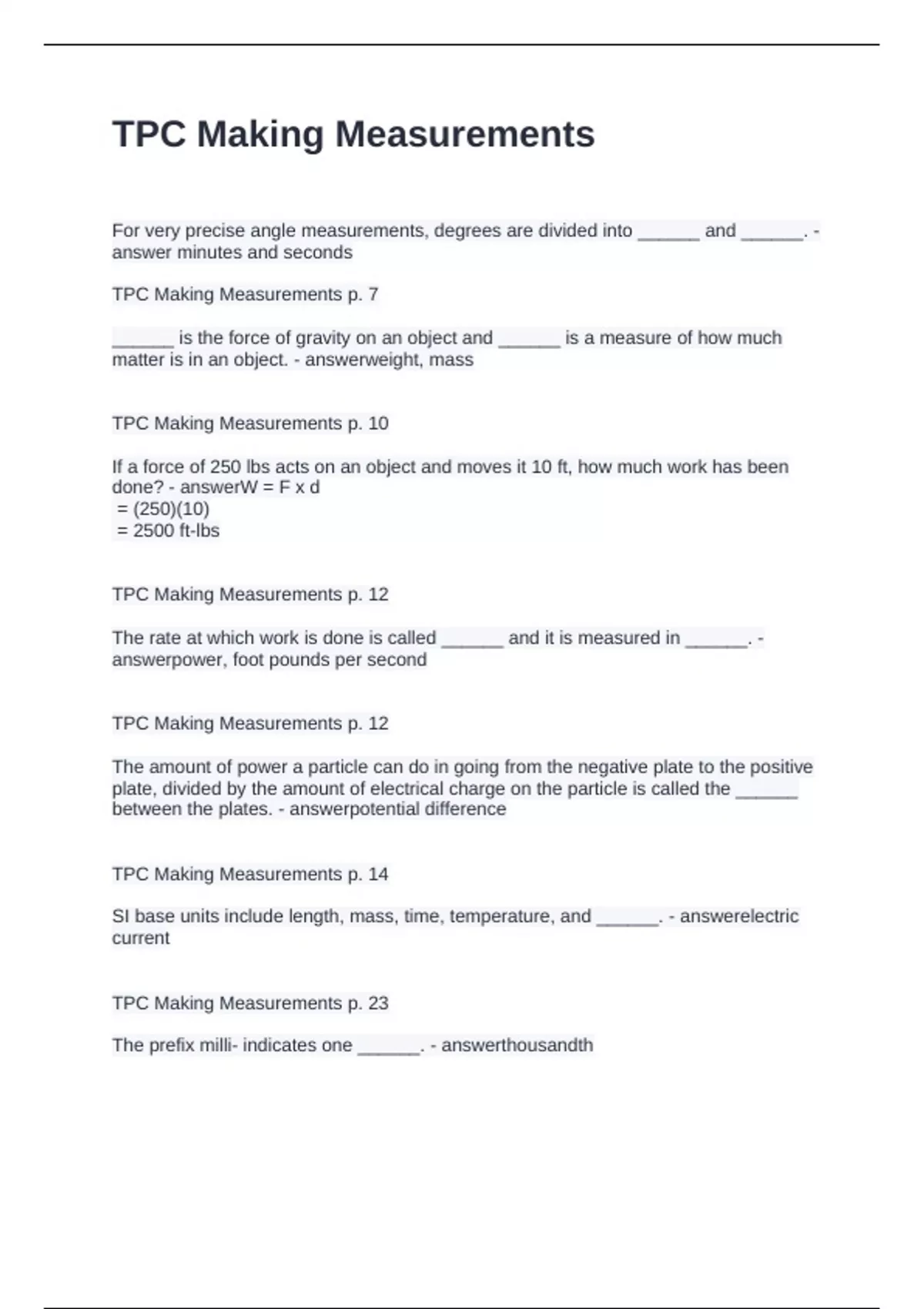 TPC Making Measurements Questions and Answers 2025 - Tpc - Stuvia US