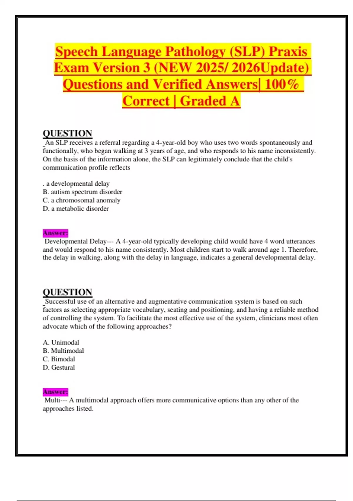 SLP Praxis Exam 2024 | Practice Questions with Correct Answers ...