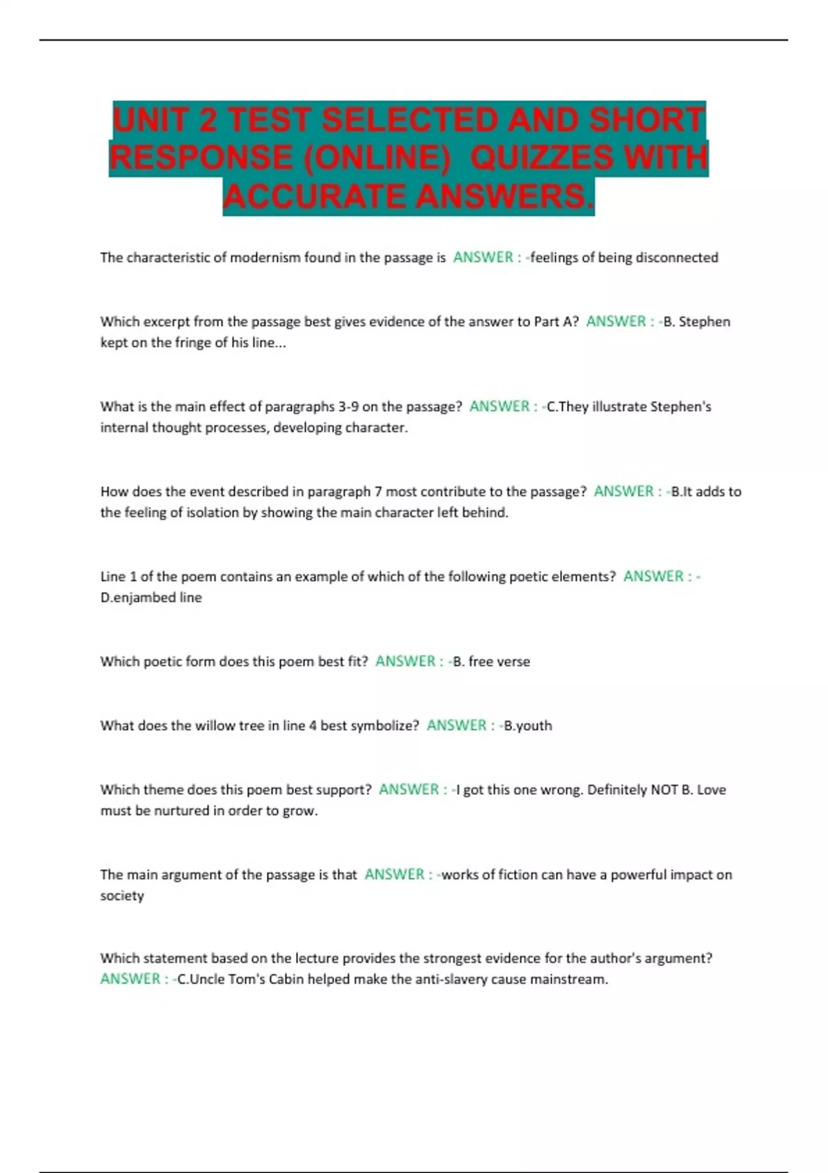 UNIT 2 TEST SELECTED AND SHORT RESPONSE (ONLINE) QUIZZES WITH ACCURATE ...