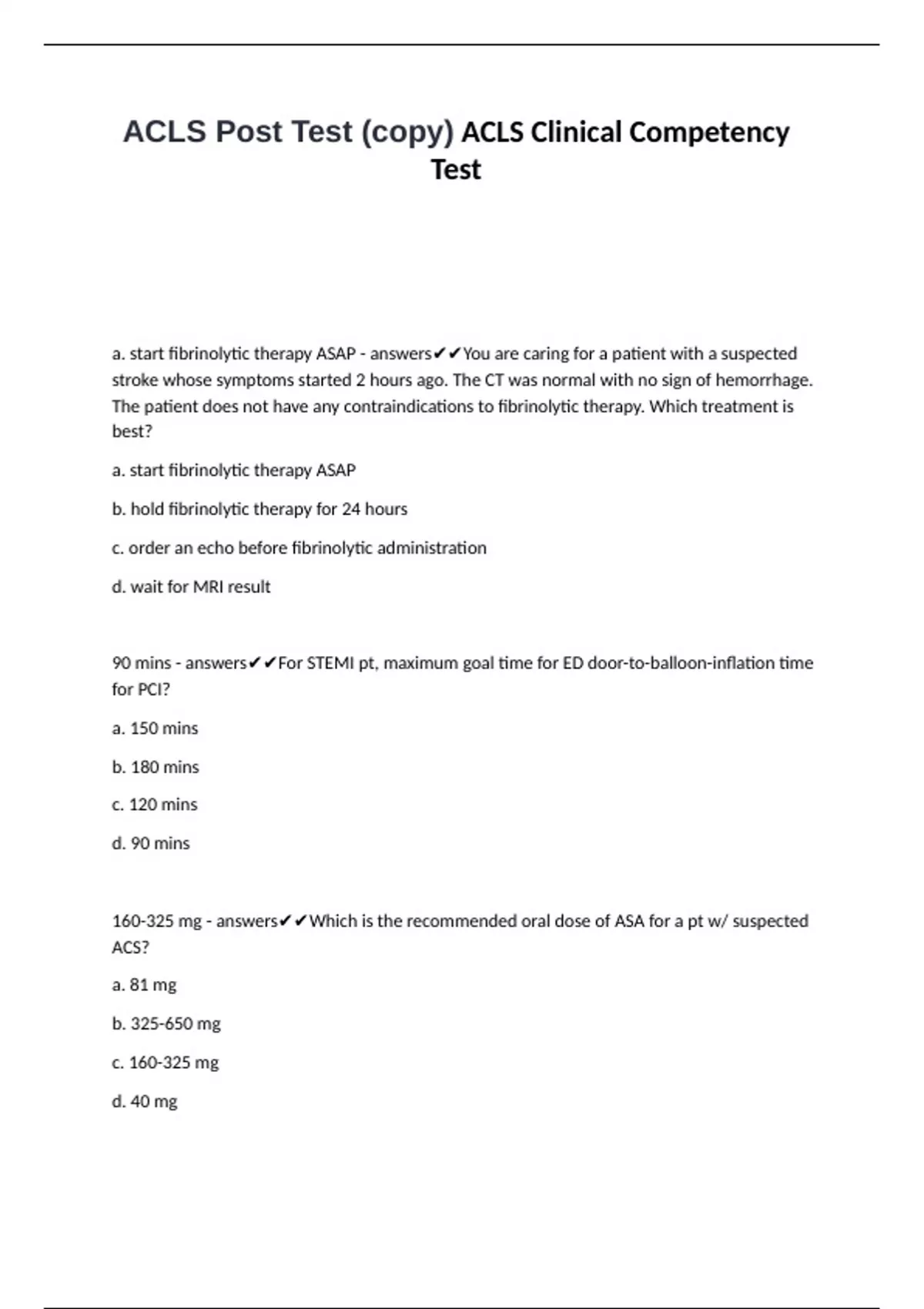 ACLS Post Test (copy) ACLS Clinical Competency Test - Acls - Stuvia US