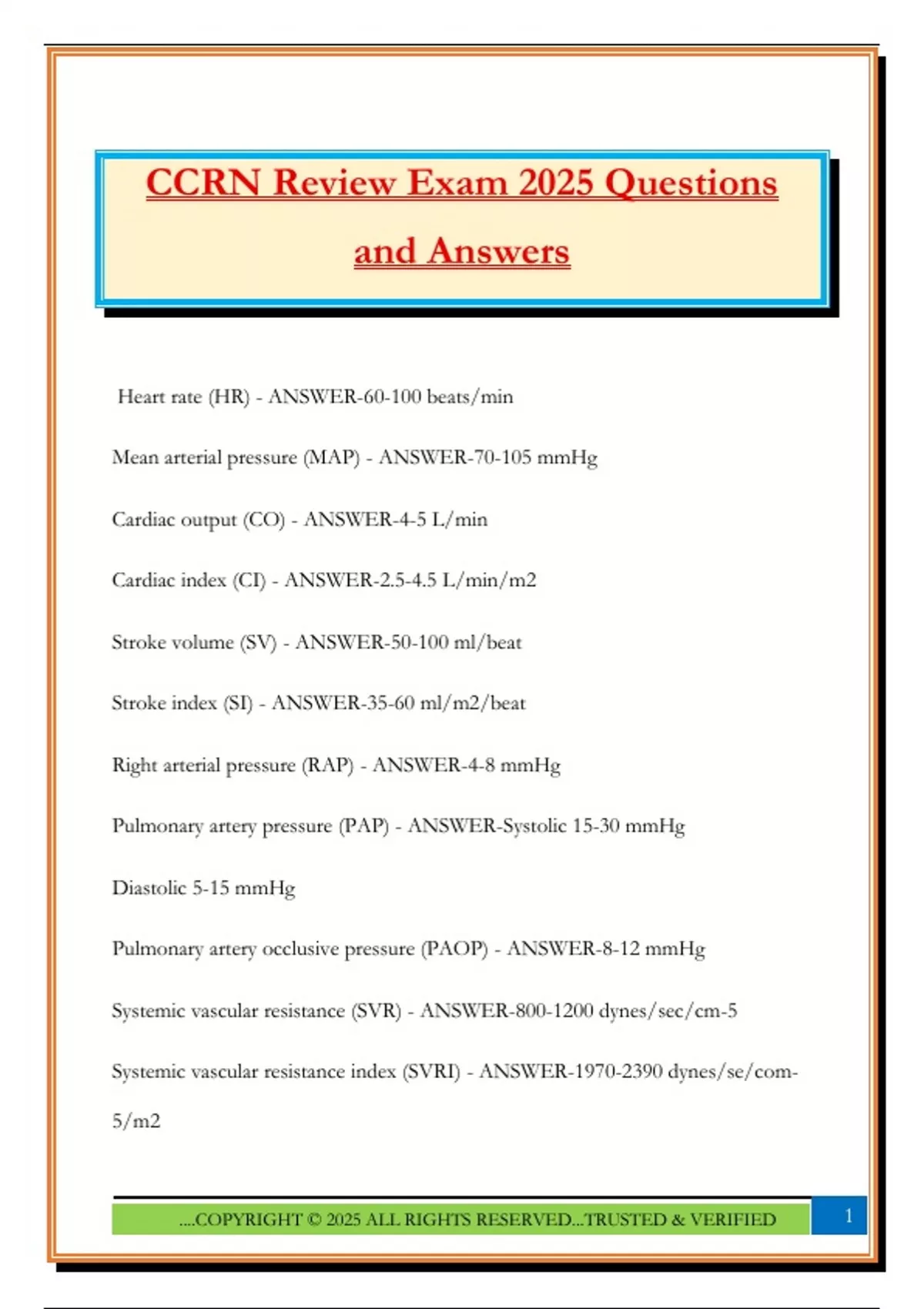 CCRN Review Exam 2025 Questions and Answers - CCRN - Stuvia US