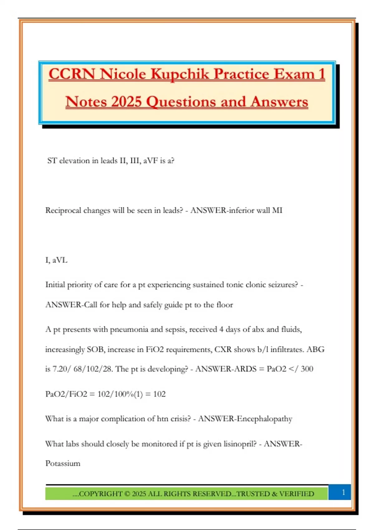CCRN Nicole Kupchik Practice Exam 1 Notes 2025 Questions and Answers ...