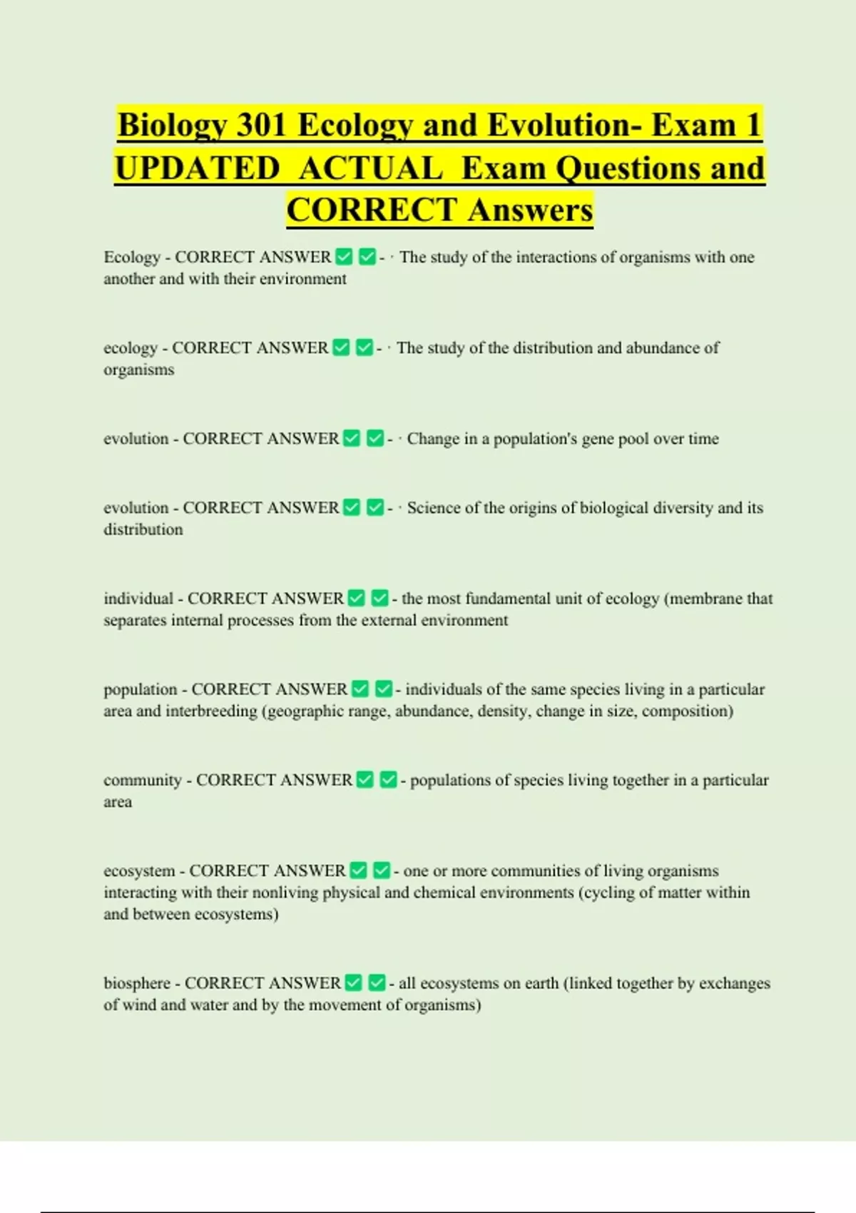 Biology 301 Ecology and Evolution- Exam 1 UPDATED ACTUAL Exam Questions ...