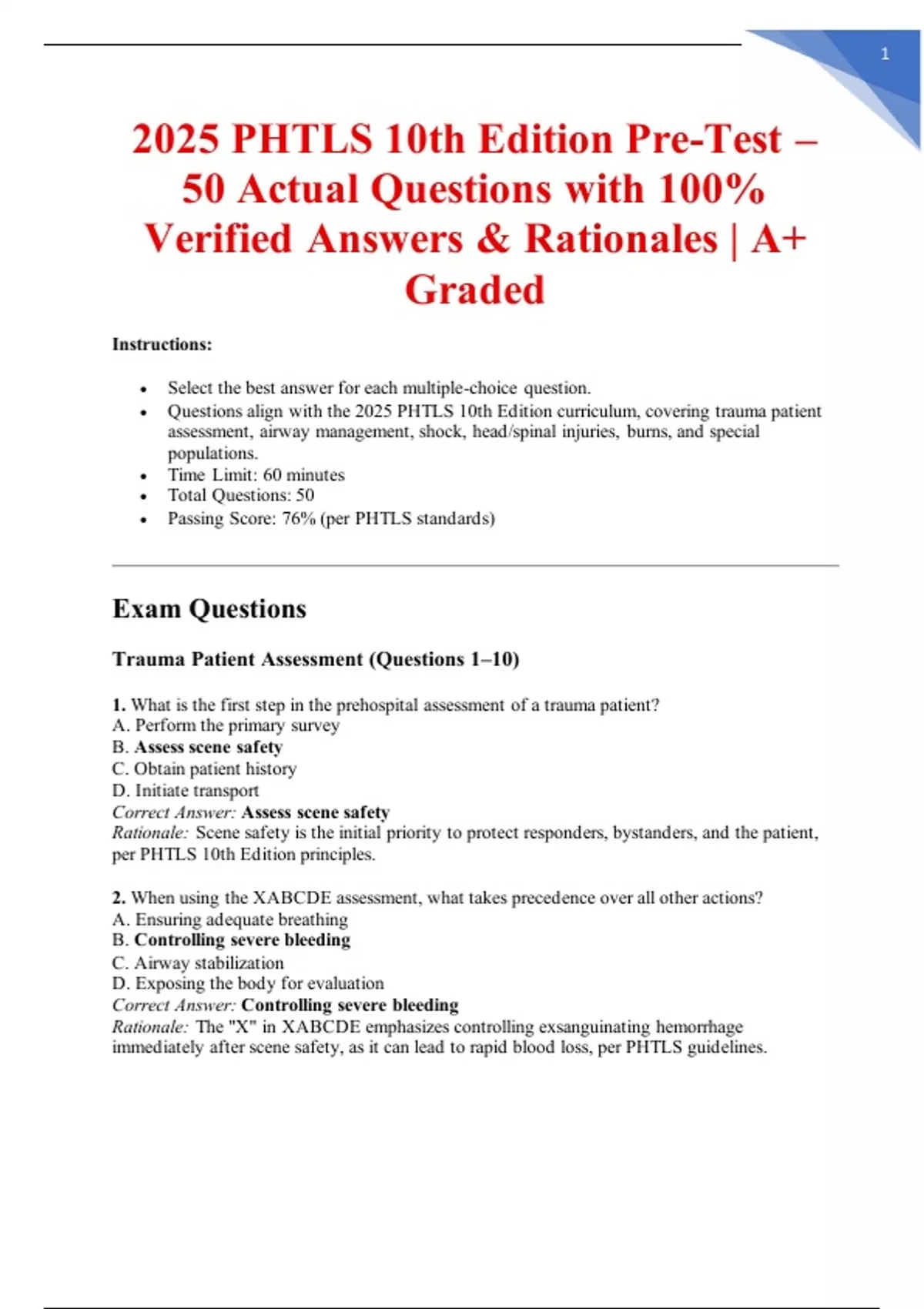 2025 PHTLS 10th Edition Pre-Test – 50 Actual Questions with 100% ...