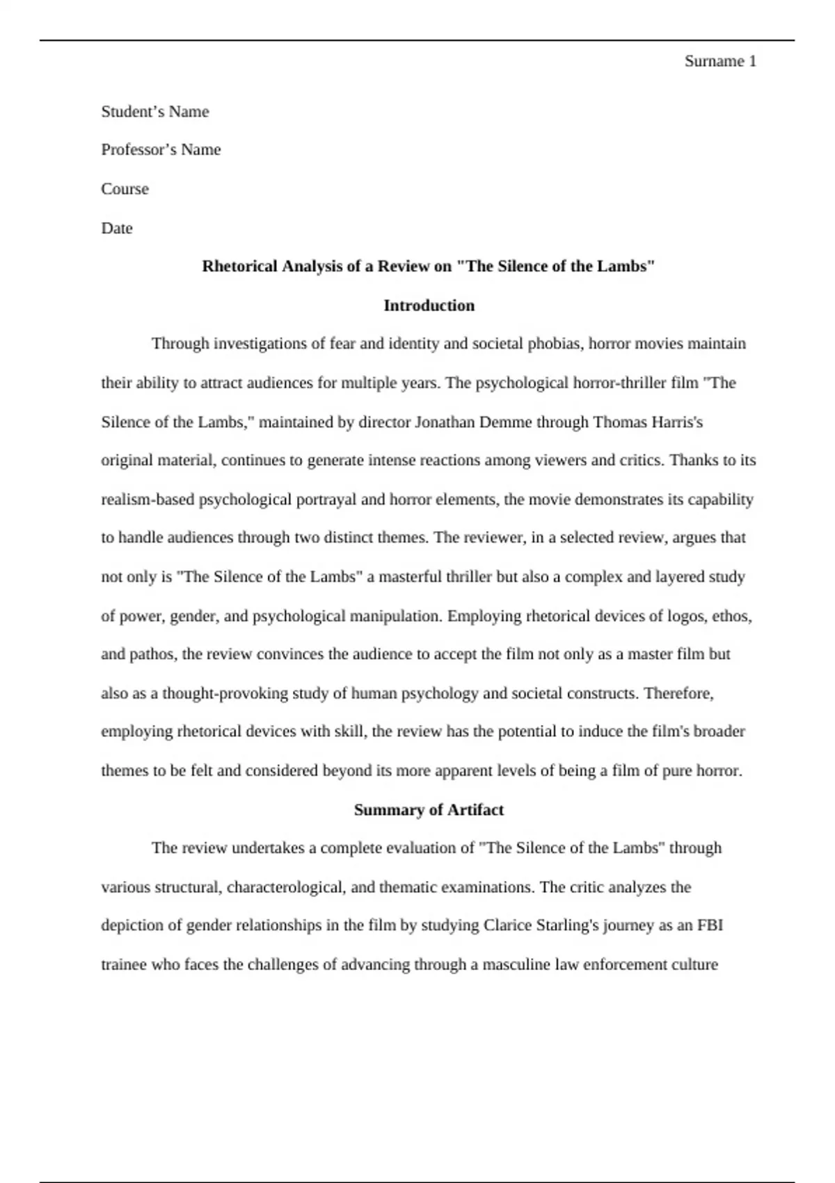 Summary Rhetorical Analysis of a Review on "The Silence of the Lambs ...