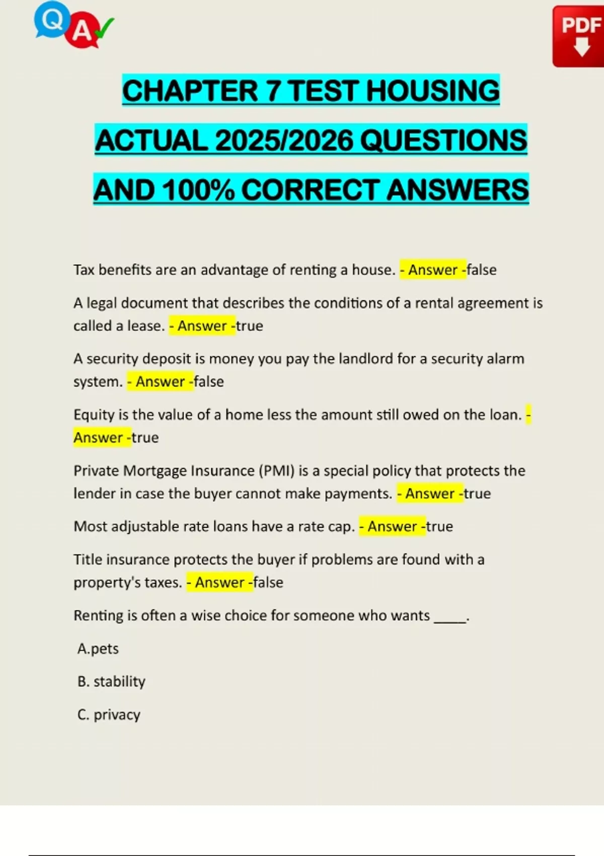 CHAPTER 7 TEST HOUSING ACTUAL 2025/2026 QUESTIONS AND 100% CORRECT ...