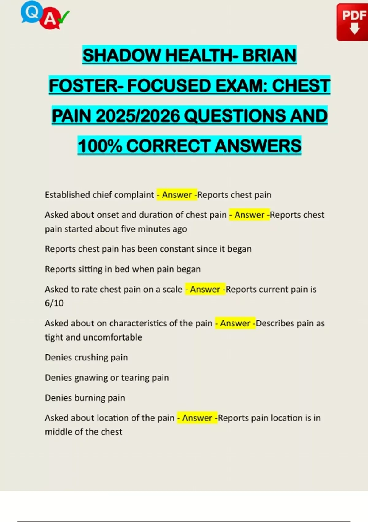 SHADOW HEALTH- BRIAN FOSTER- FOCUSED EXAM: CHEST PAIN 2025/2026 ...