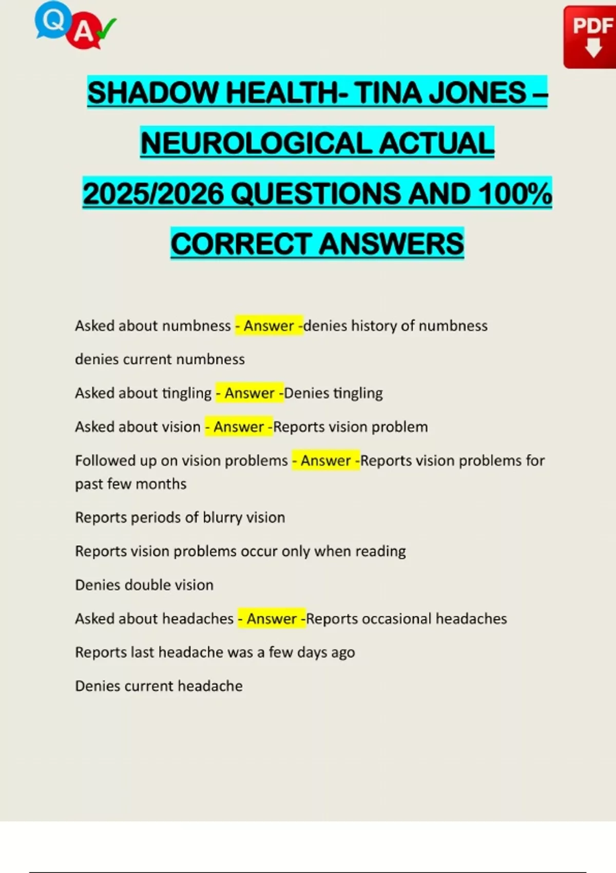 SHADOW HEALTH- TINA JONES – NEUROLOGICAL ACTUAL 2025/2026 QUESTIONS AND ...