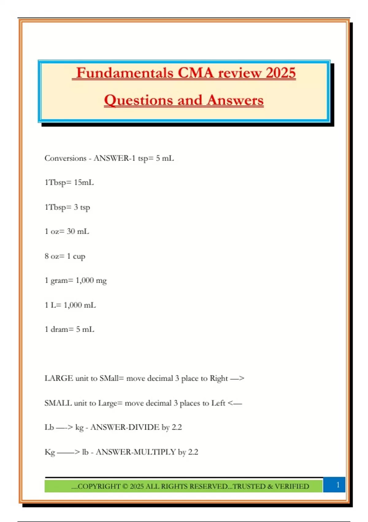 Fundamentals CMA review 2025 Questions and Answers - CMA - Stuvia US