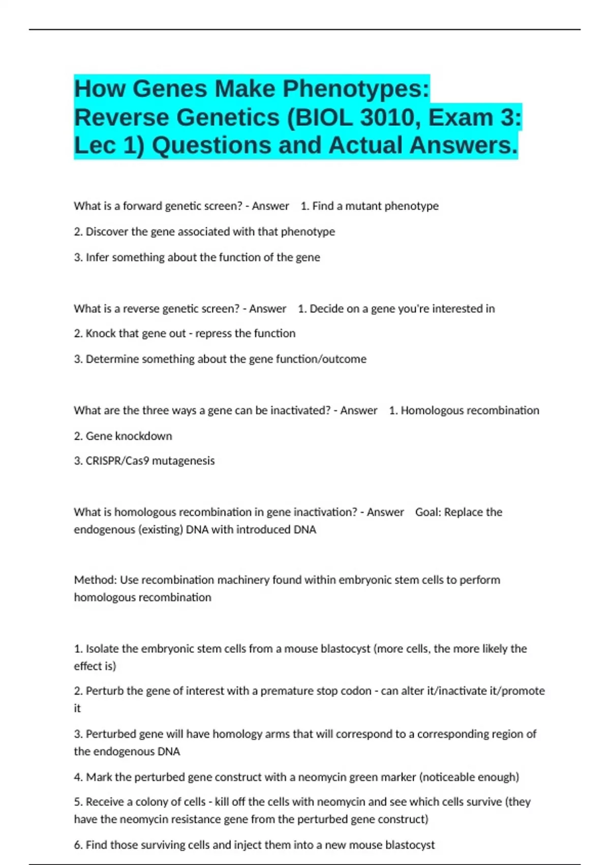 How Genes Make Phenotypes: Reverse Genetics (BIOL 3010, Exam 3: Lec 1 ...