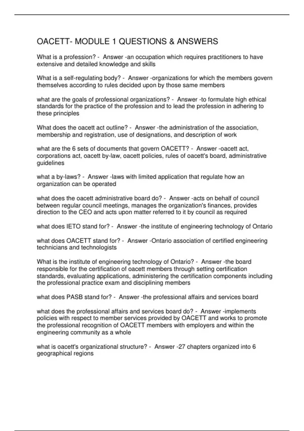 OACETT- MODULE 1 QUESTIONS & ANSWERS - OACETT - Stuvia US