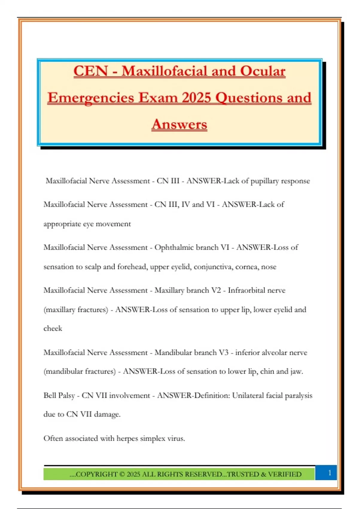 CEN - Maxillofacial and Ocular Emergencies Exam 2025 Questions and ...