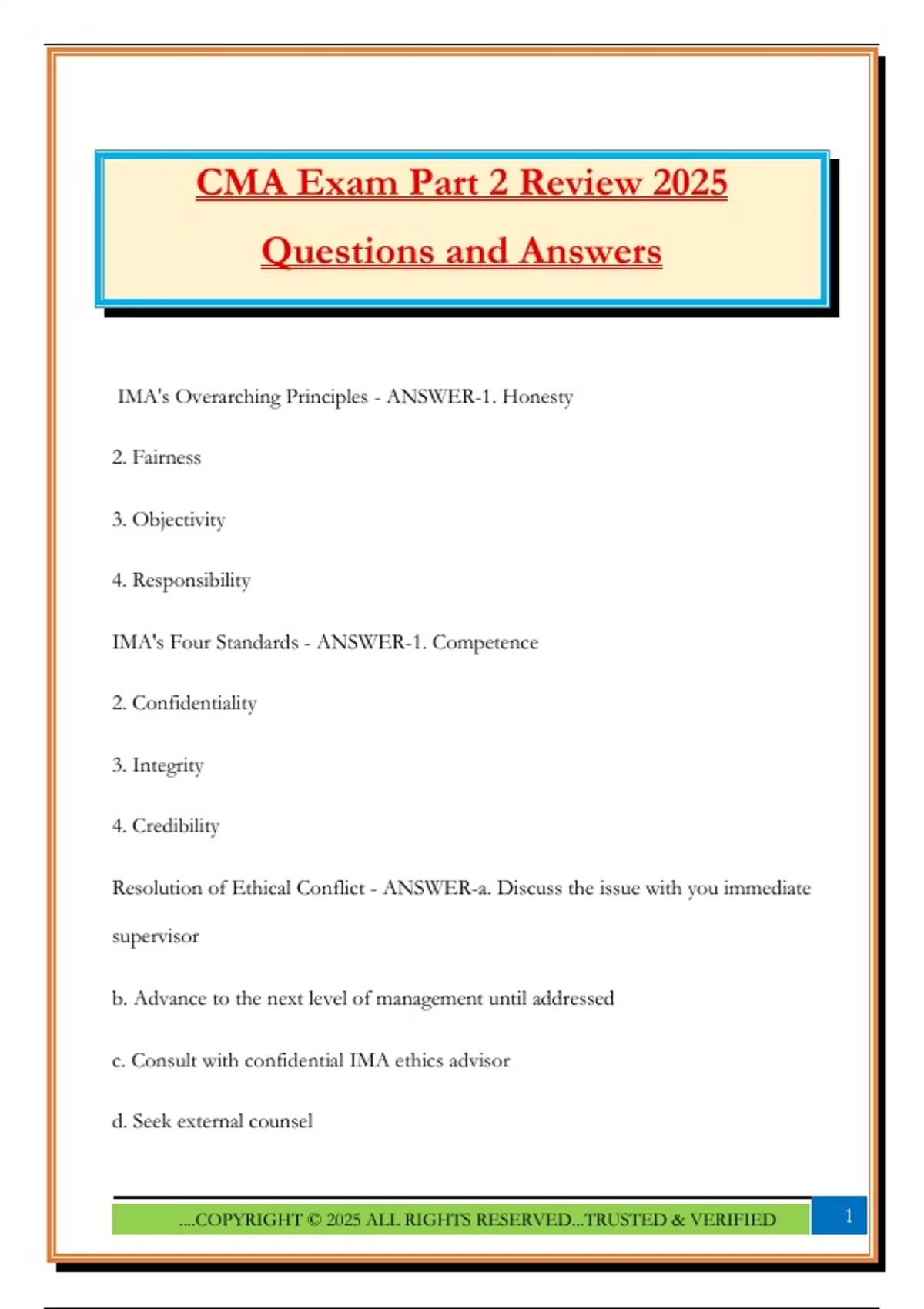 CMA Exam Part 2 Review 2025 Questions and Answers - CMA - Certified ...