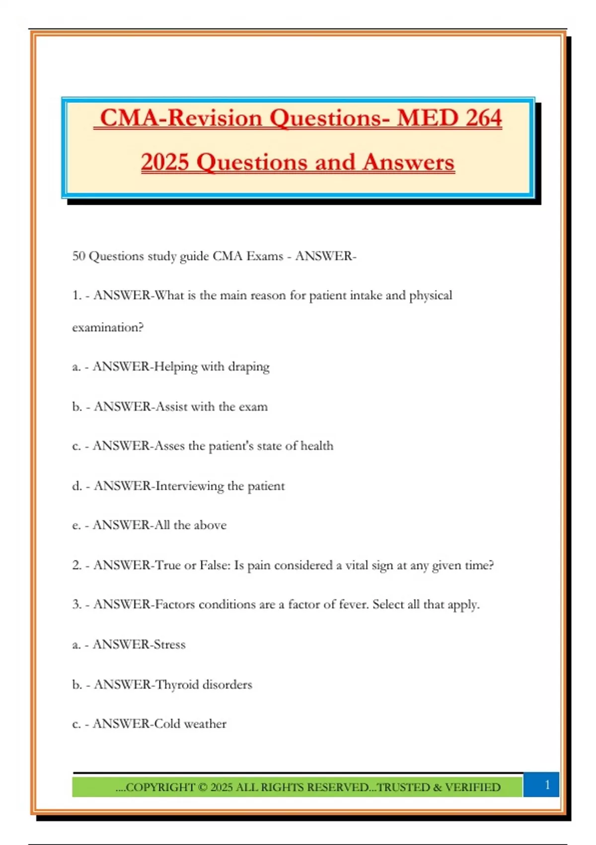CMA-Revision Questions- MED 264 2025 Questions and Answers - CMA ...