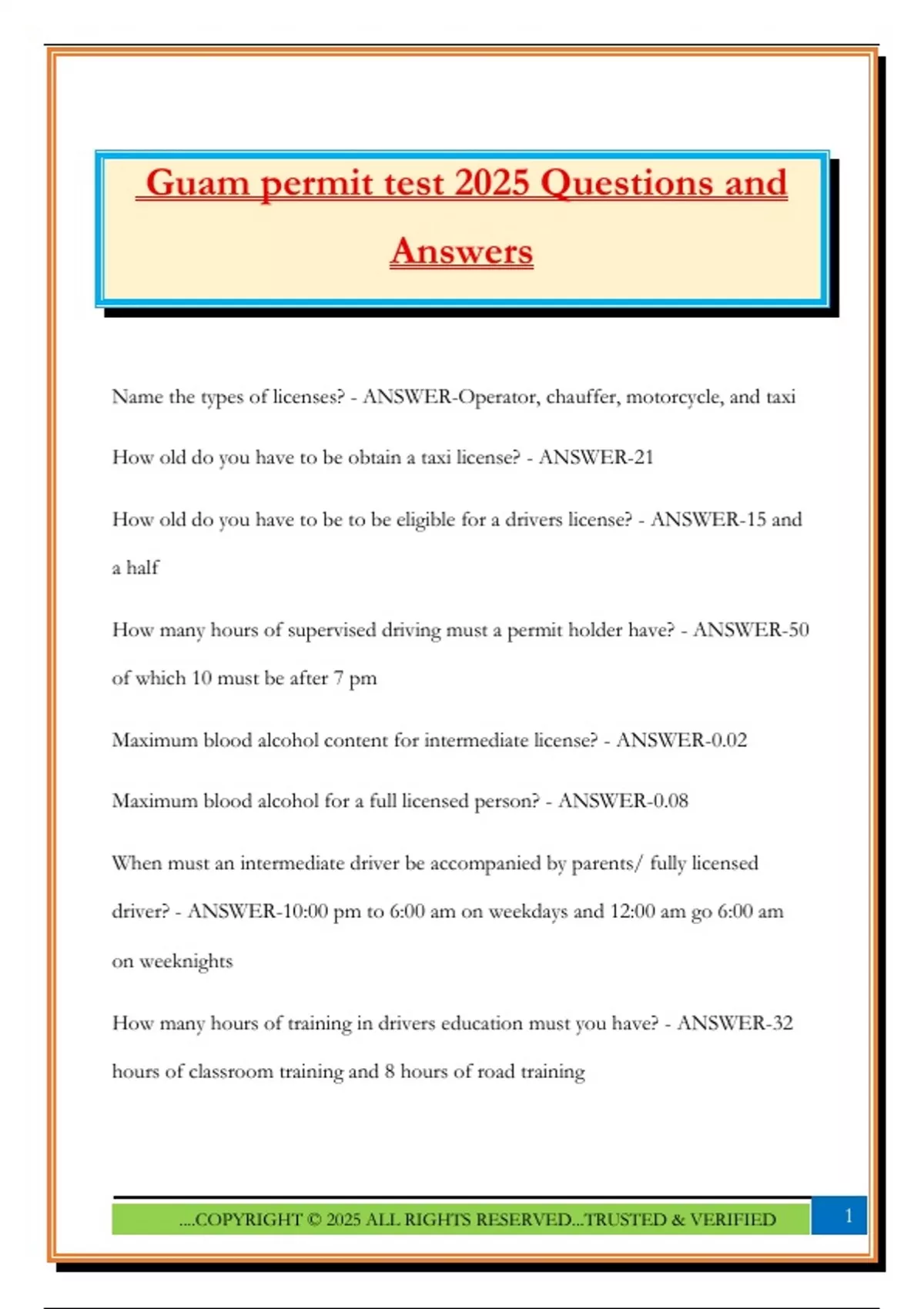 Guam permit test 2025 Questions and Answers - Guam Permit - Stuvia US