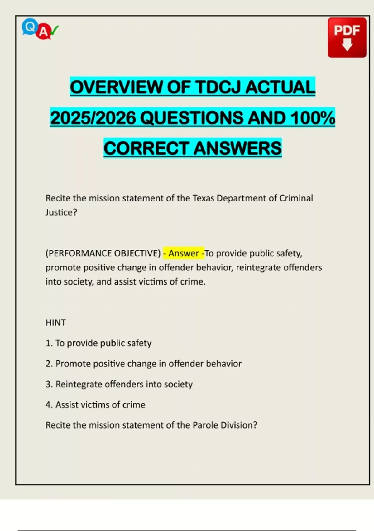 OVERVIEW OF TDCJ ACTUAL 2025/2026 QUESTIONS AND 100% CORRECT ANSWERS ...