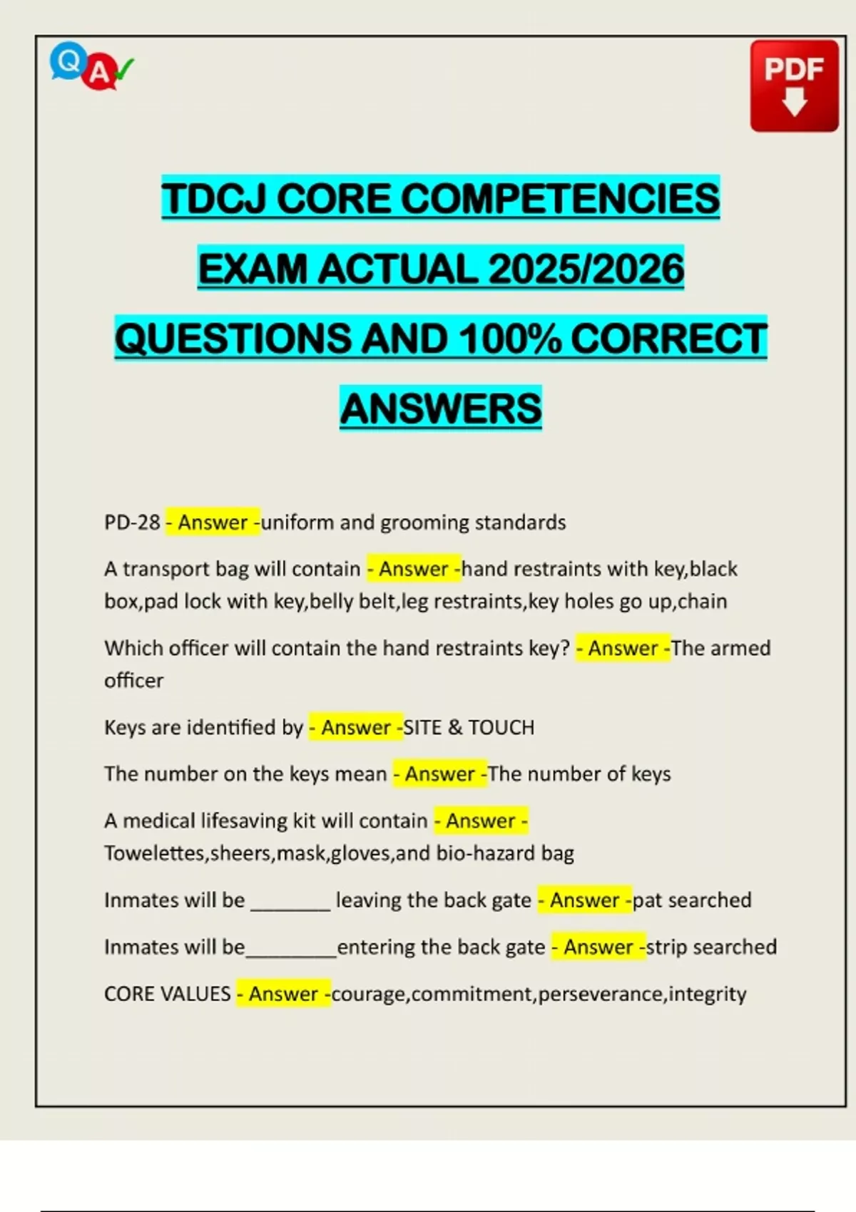 TDCJ CORE COMPETENCIES EXAM ACTUAL 2025/2026 QUESTIONS AND 100% CORRECT ...