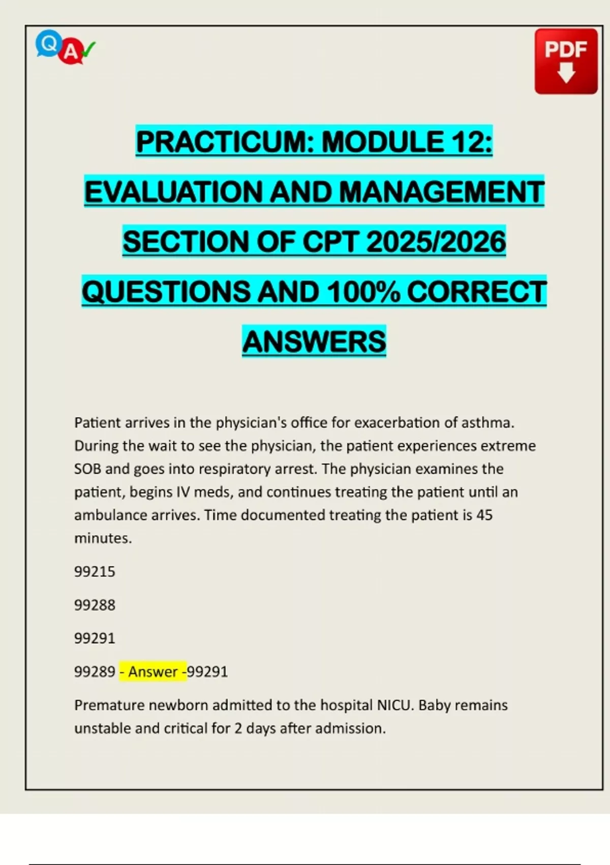 PRACTICUM: MODULE 12: EVALUATION AND MANAGEMENT SECTION OF CPT 2025/ ...