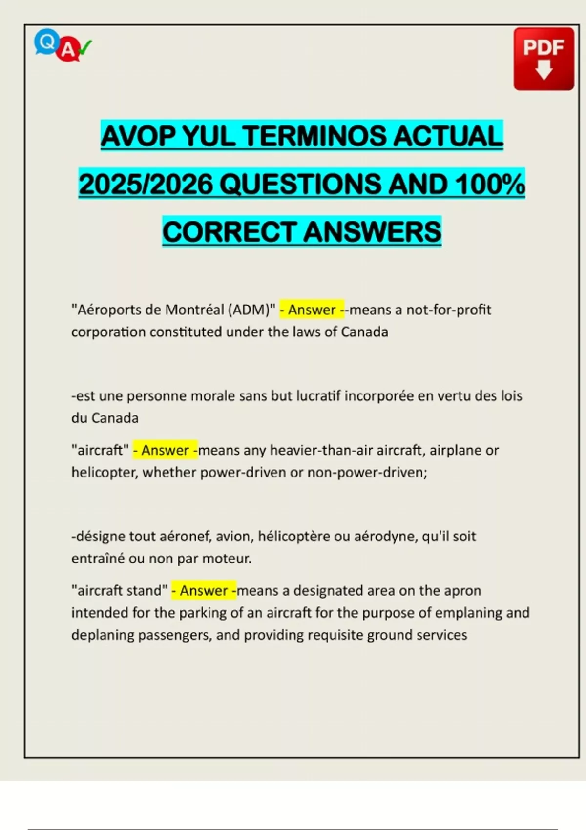 AVOP YUL TERMINOS ACTUAL 2025/2026 QUESTIONS AND 100% CORRECT ANSWERS - AVOP - Stuvia NL