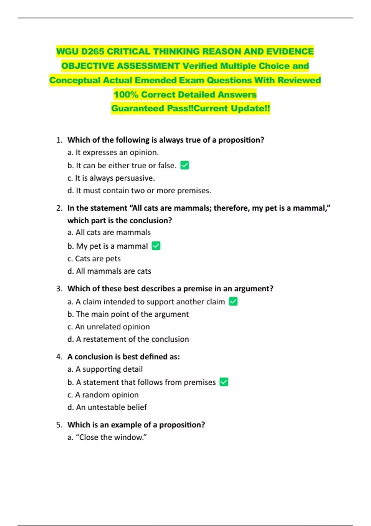 WGU D265 CRITICAL THINKING REASON AND EVIDENCE OBJECTIVE ASSESSMENT ...