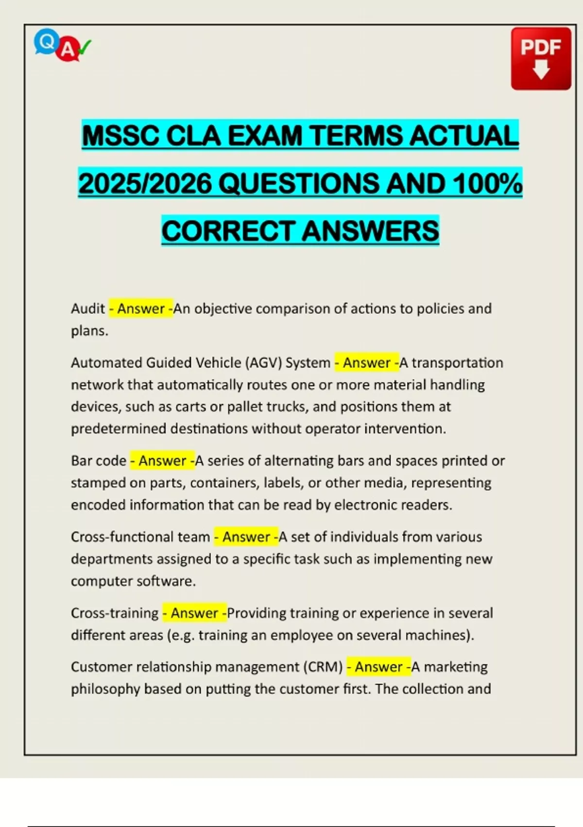 MSSC CLA EXAM TERMS ACTUAL 2025/2026 QUESTIONS AND 100% CORRECT ANSWERS ...