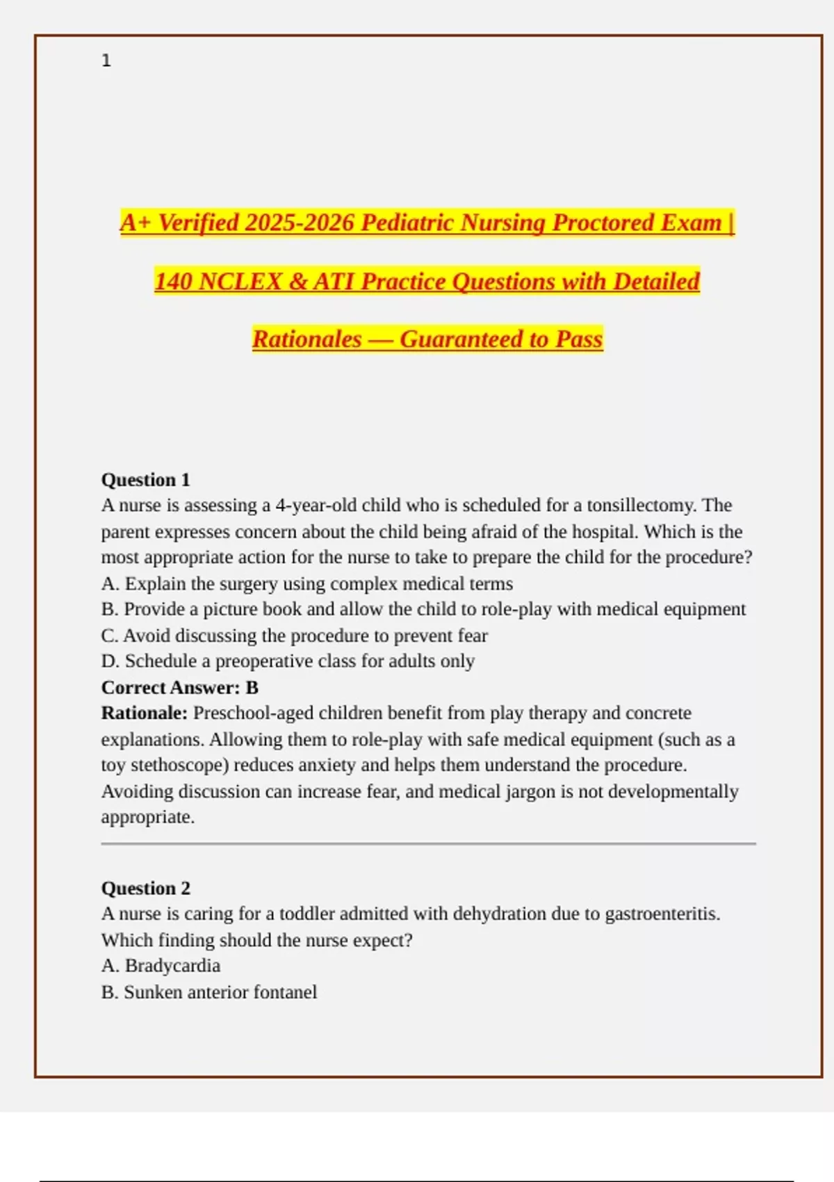 A+ Verified Pediatric Nursing Proctored Exam | 140 NCLEX & ATI Practice ...