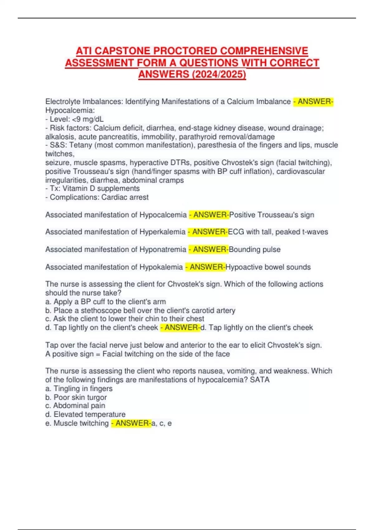 ATI CAPSTONE PROCTORED COMPREHENSIVE ASSESSMENT FORM A QUESTIONS WITH ...