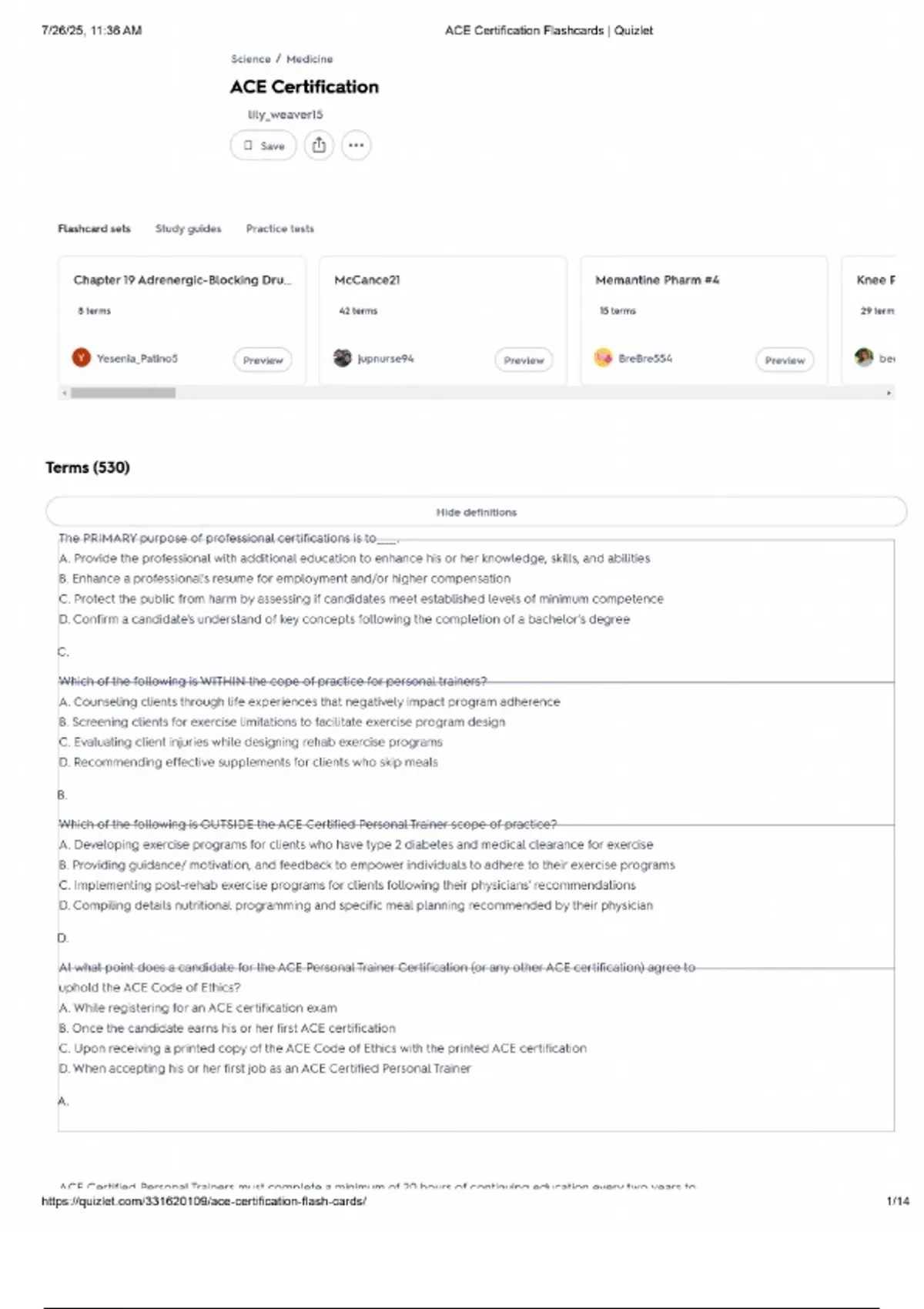 ACE Certification Flashcards 2024 / Quizlet Study Deck / Personal ...
