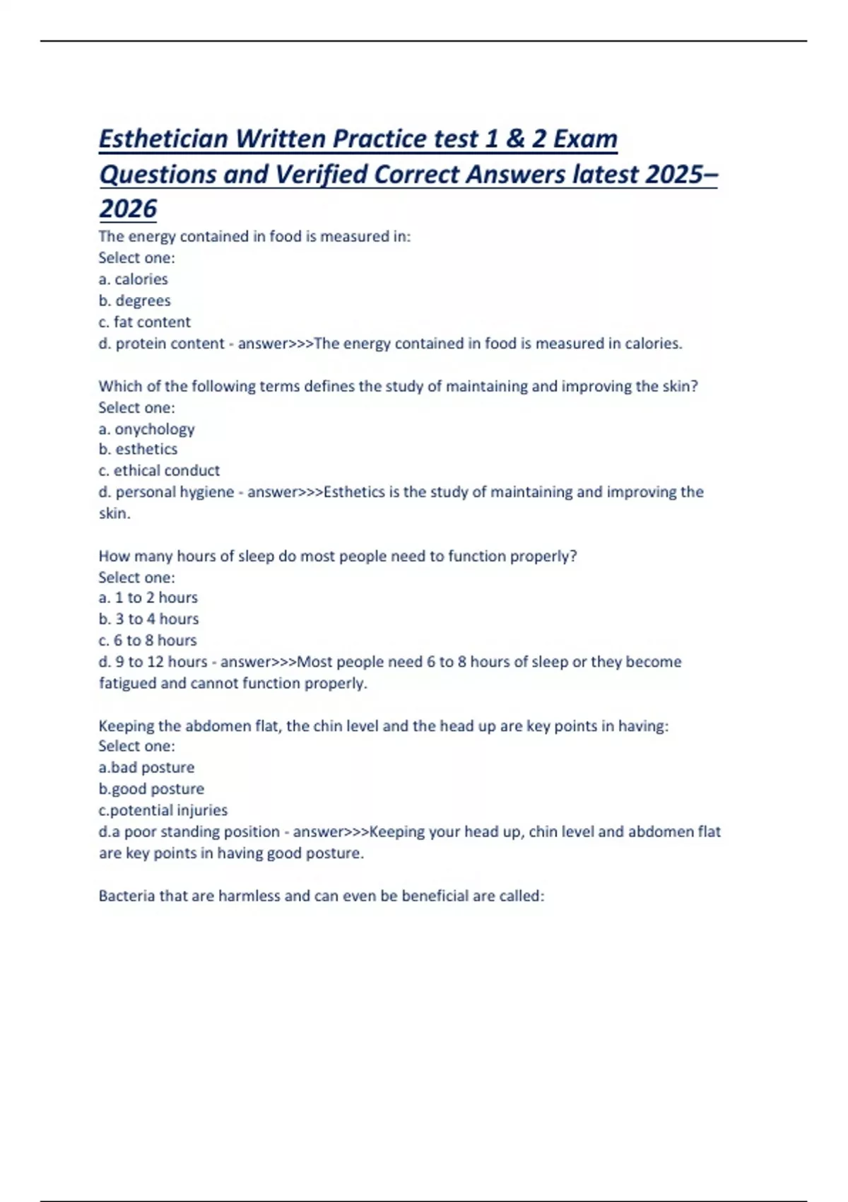 Esthetician Written Practice test 1 & 2 Exam Questions and Verified ...