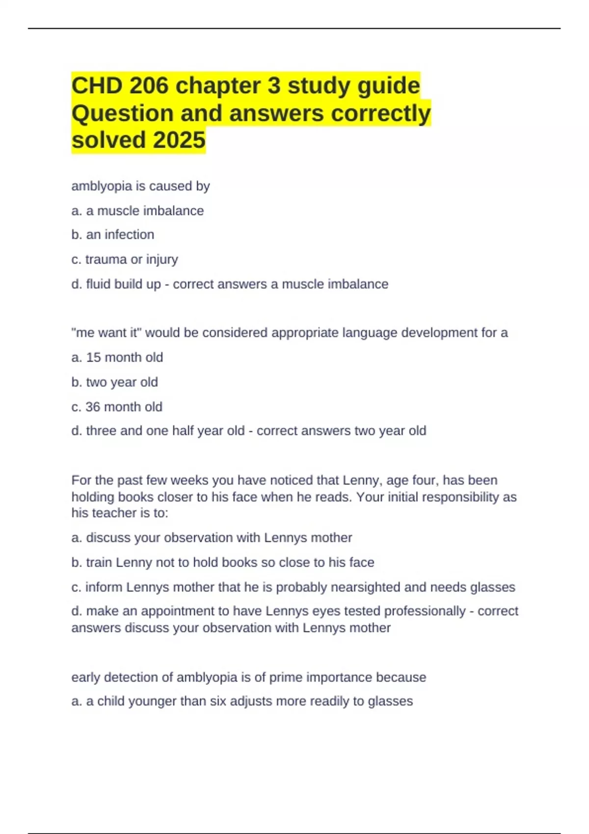 CHD 206 chapter 3 study guide Question and answers correctly solved ...