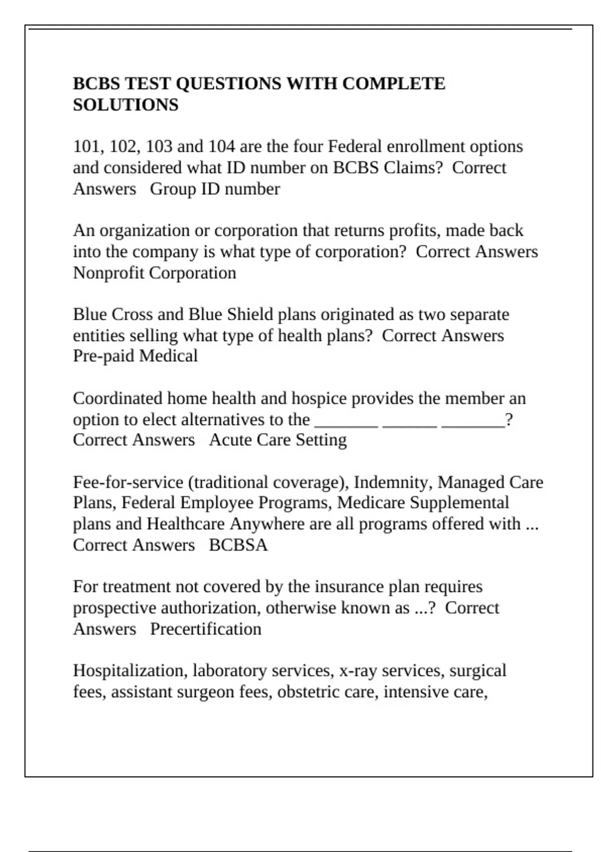 BCBS TEST QUESTIONS WITH COMPLETE SOLUTIONS - BCBS - Stuvia US