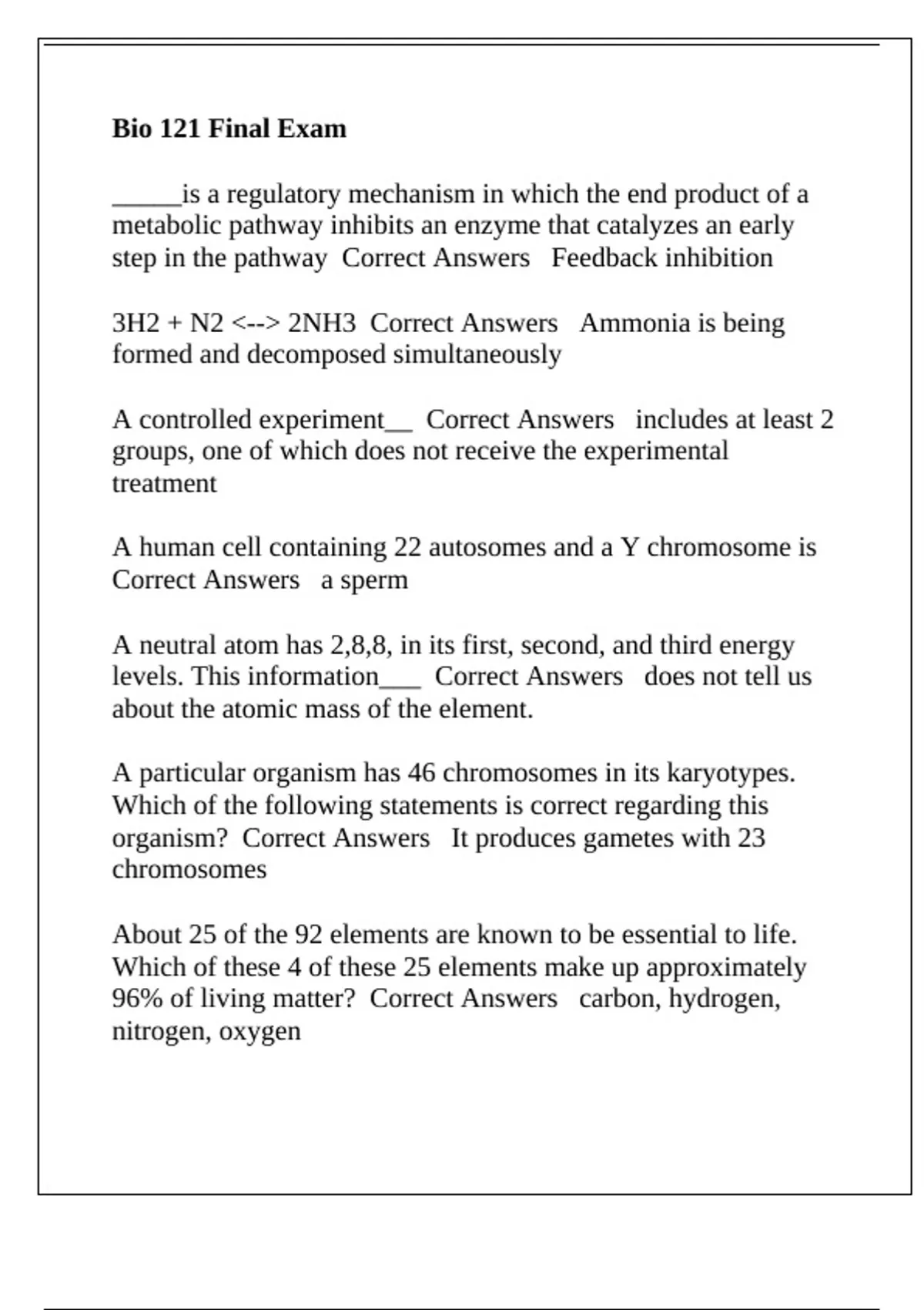 Bio 121 Final Exam - Bio 121 - Stuvia US