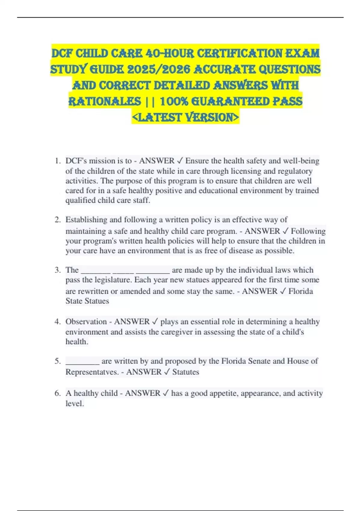 DCF Child Care 40-Hour Certification EXAM STUDY GUIDE 2025/2026 ACCURATE QUESTIONS AND CORRECT ...