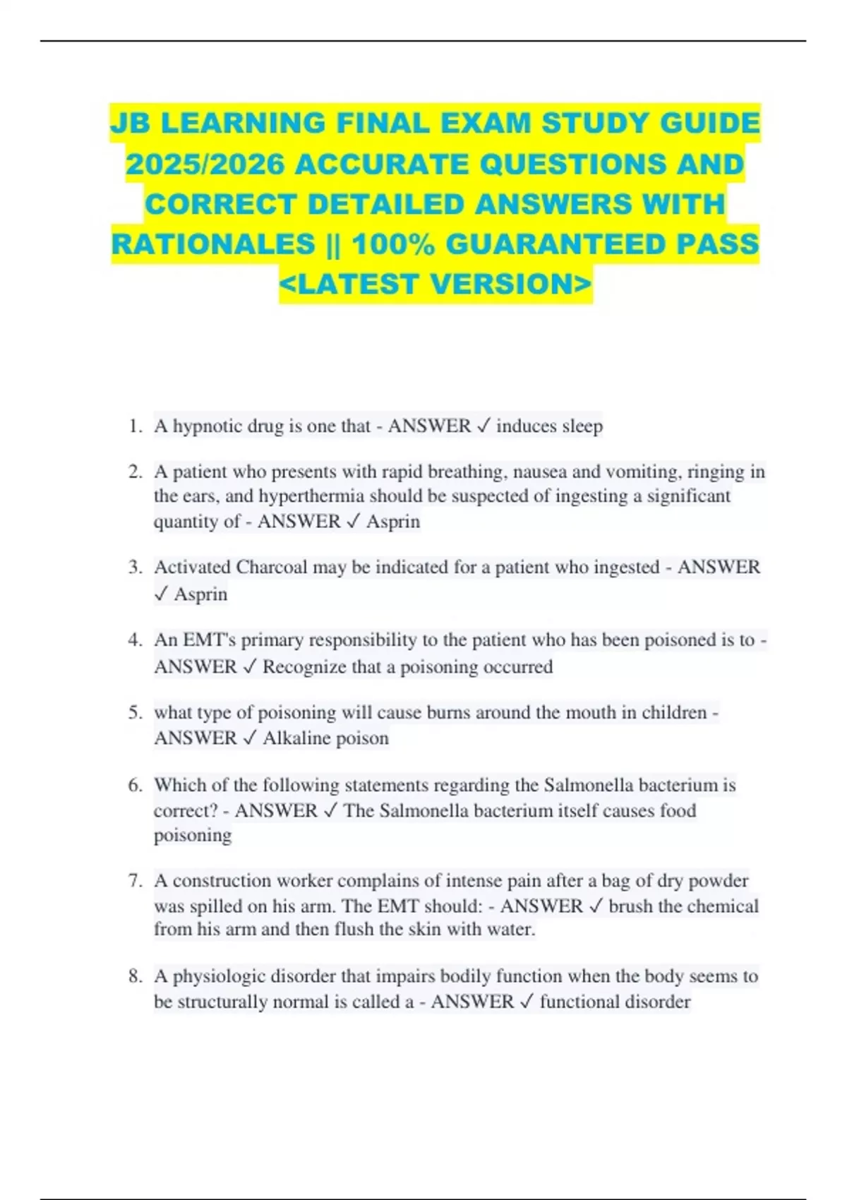 JB LEARNING FINAL EXAM STUDY GUIDE 2025/2026 ACCURATE QUESTIONS AND CORRECT DETAILED ANSWERS ...