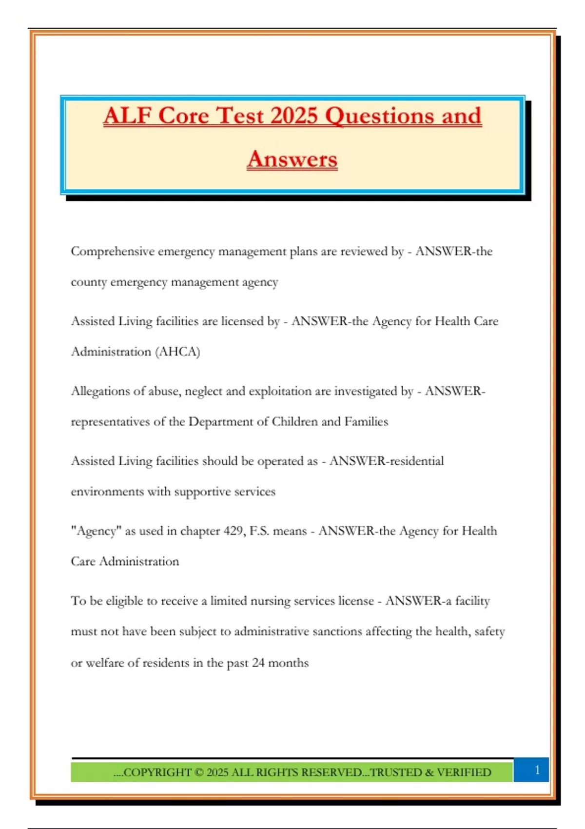 ALF Core Test 2025 Questions and Answers - Alf core - Stuvia US