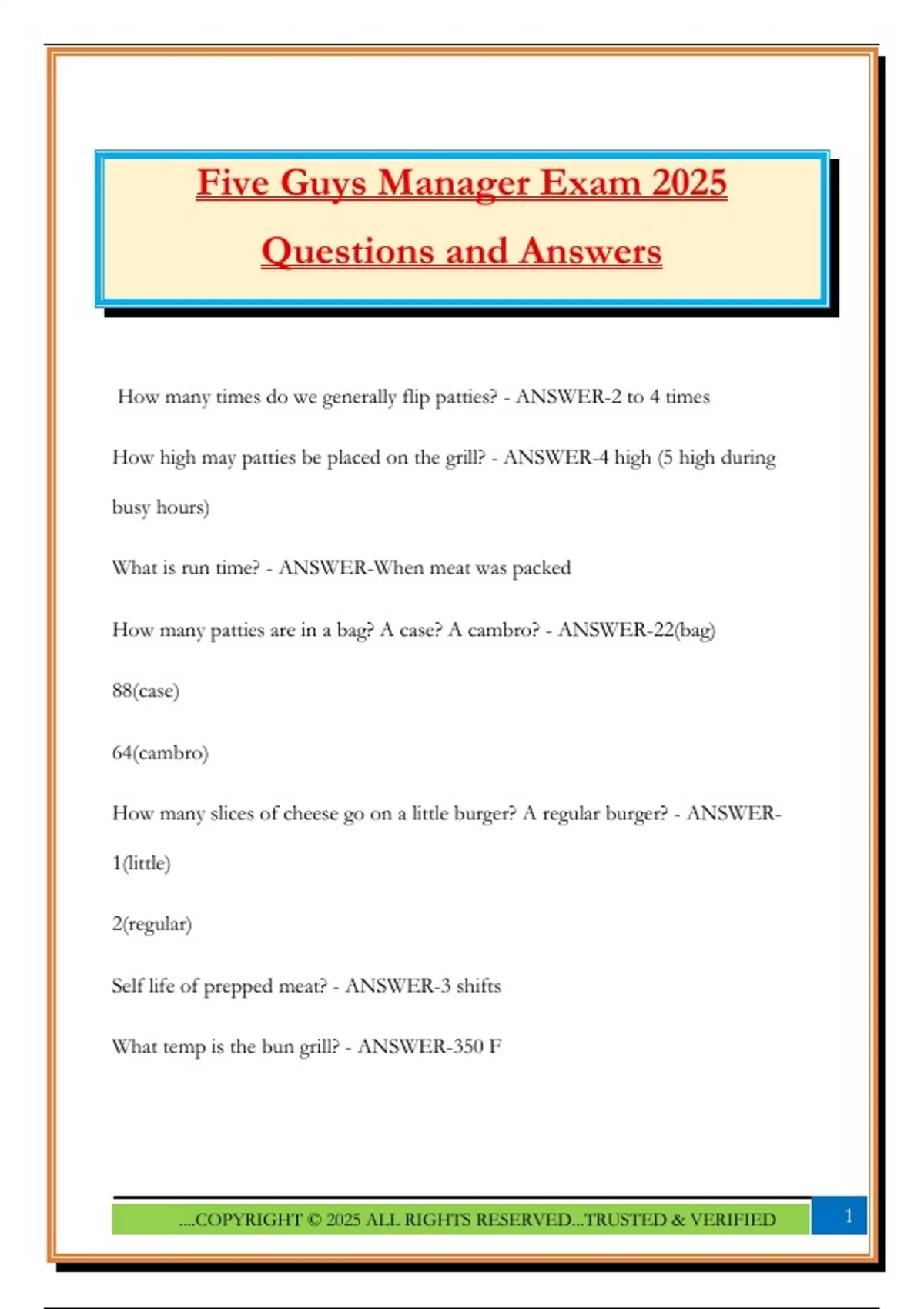 Five Guys Manager Exam 2025 Questions and Answers - Five guys - Stuvia US