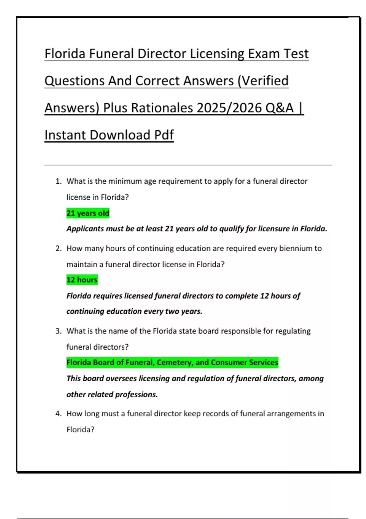 Florida Funeral Director Licensing Exam Test Questions And Correct ...