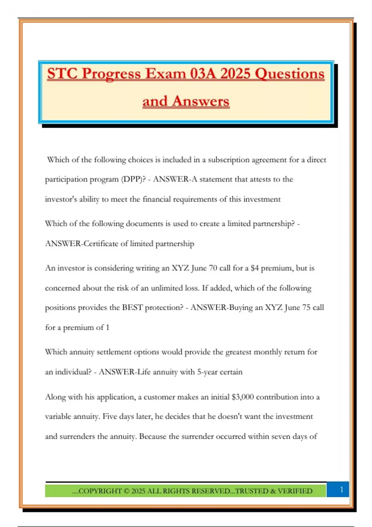 STC Progress Exam 03A 2025 Questions and Answers - STC Series 66 ...
