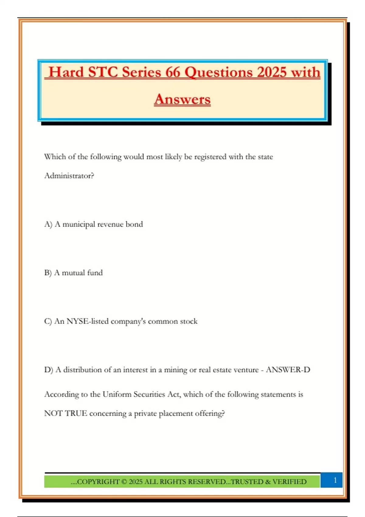 Hard STC Series 66 Questions 2025 with Answers - STC series 66 - Stuvia US