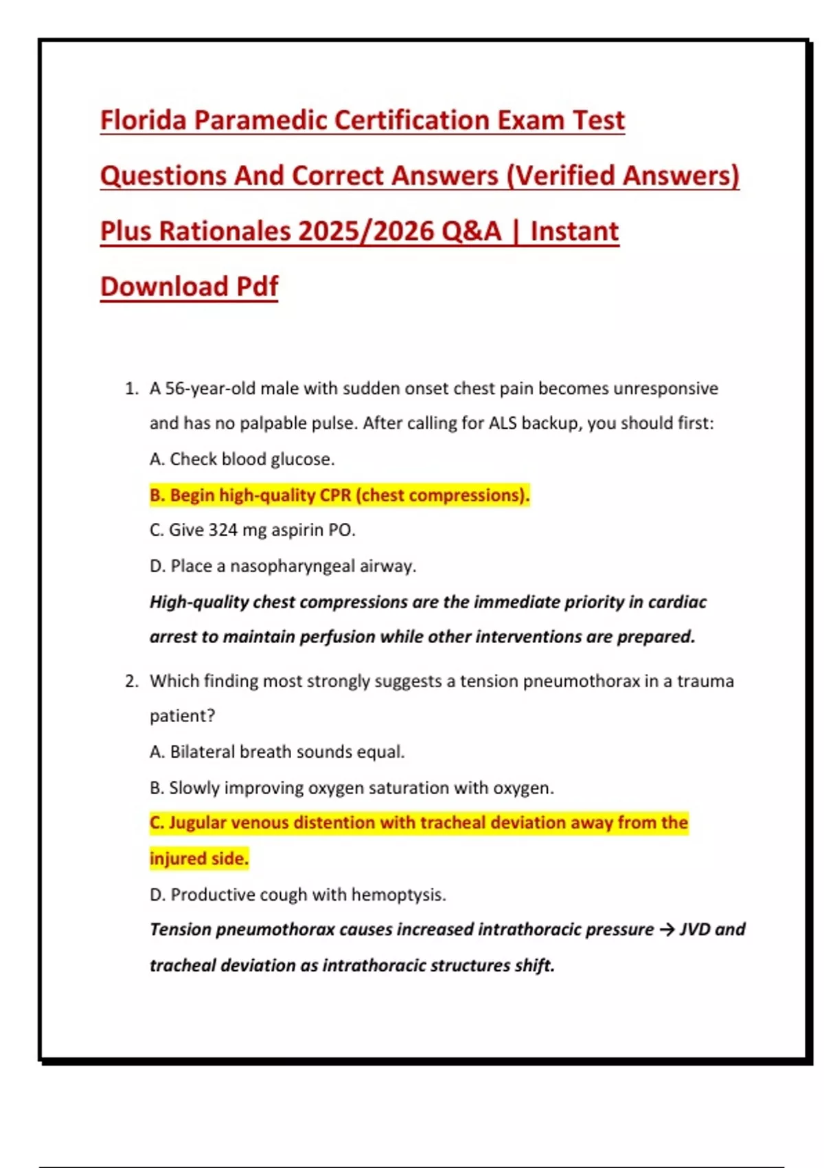 Florida Paramedic Certification Exam Test Questions And Correct Answers ...