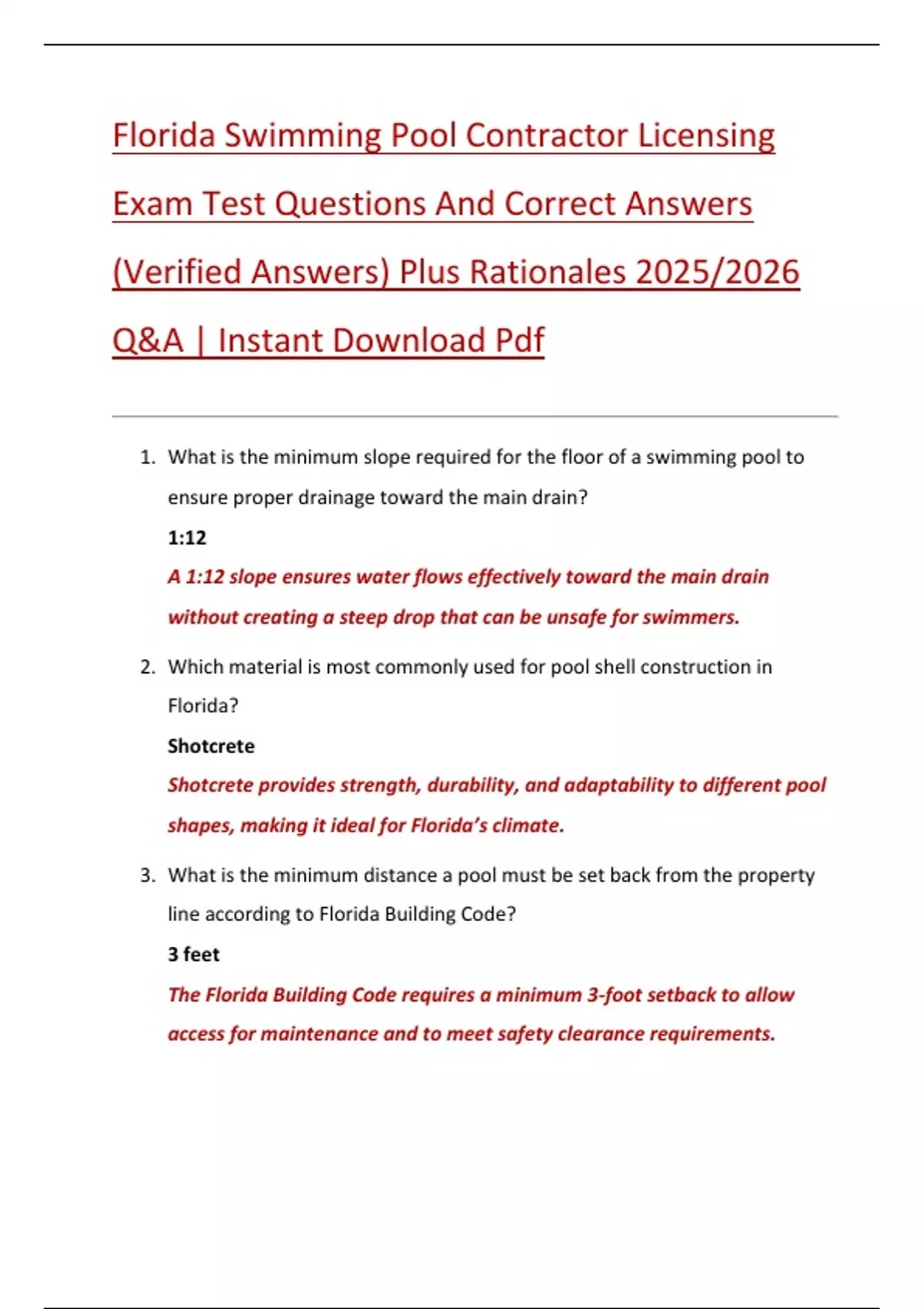 Florida Swimming Pool Contractor Licensing Exam Test Questions And ...