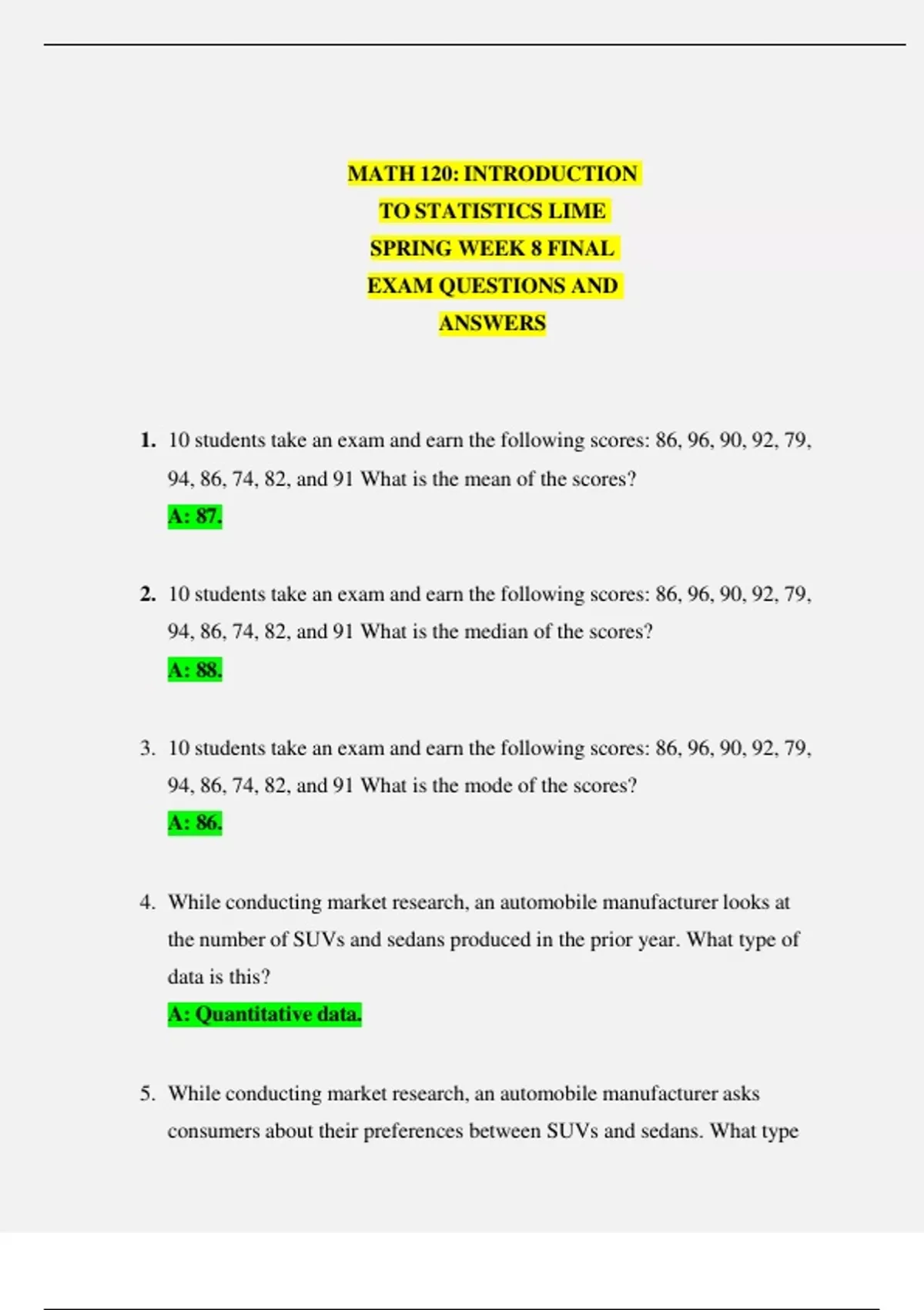 MATH 120: Introduction to Statistics Final Exam Questions and Answers ...