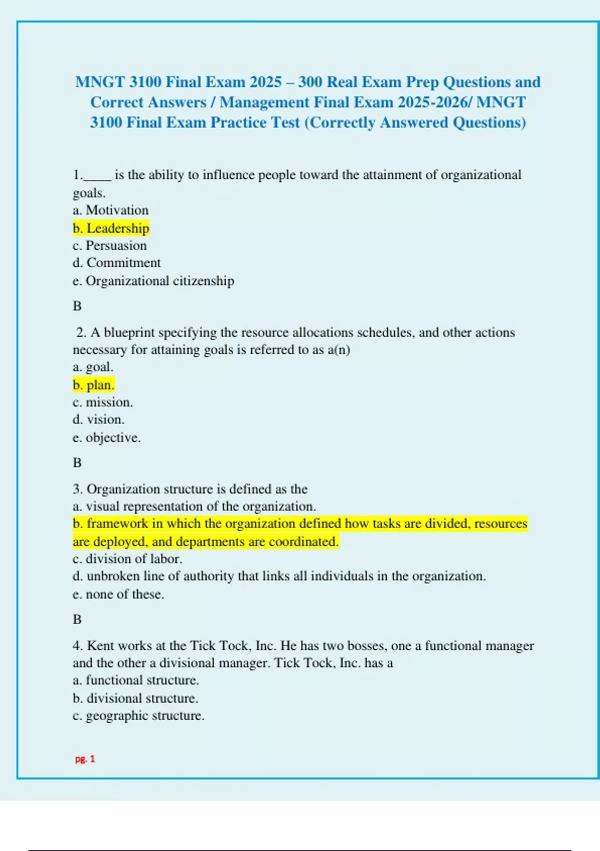 MNGT 3100 Final Exam 2025 – 300 Real Exam Prep Questions and Correct ...