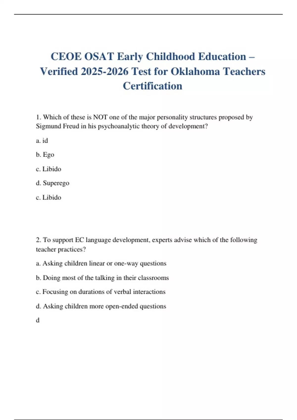 CEOE OSAT Early Childhood Education – Verified Test for Oklahoma ...
