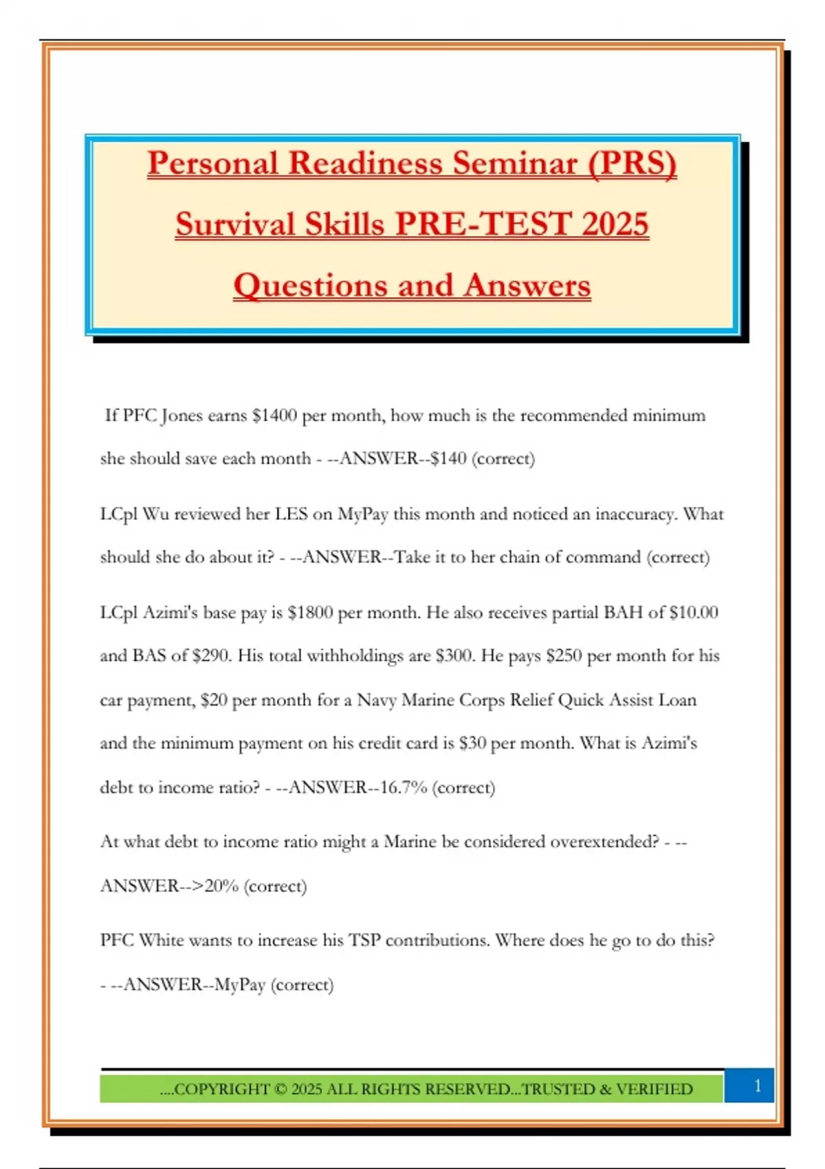 Personal Readiness Seminar (PRS) Survival Skills PRE-TEST 2025 ...