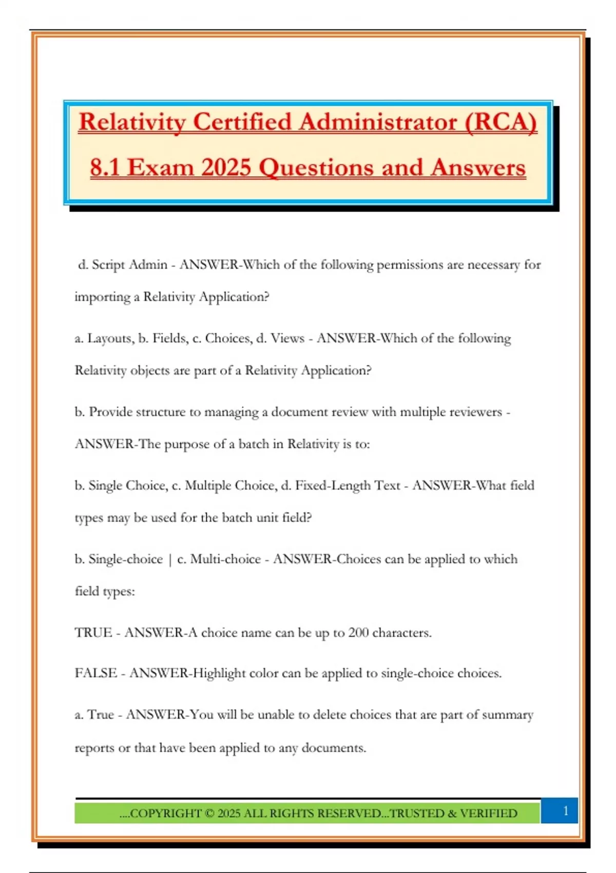 Relativity Certified Administrator (RCA) 8.1 Exam 2025 Questions and ...